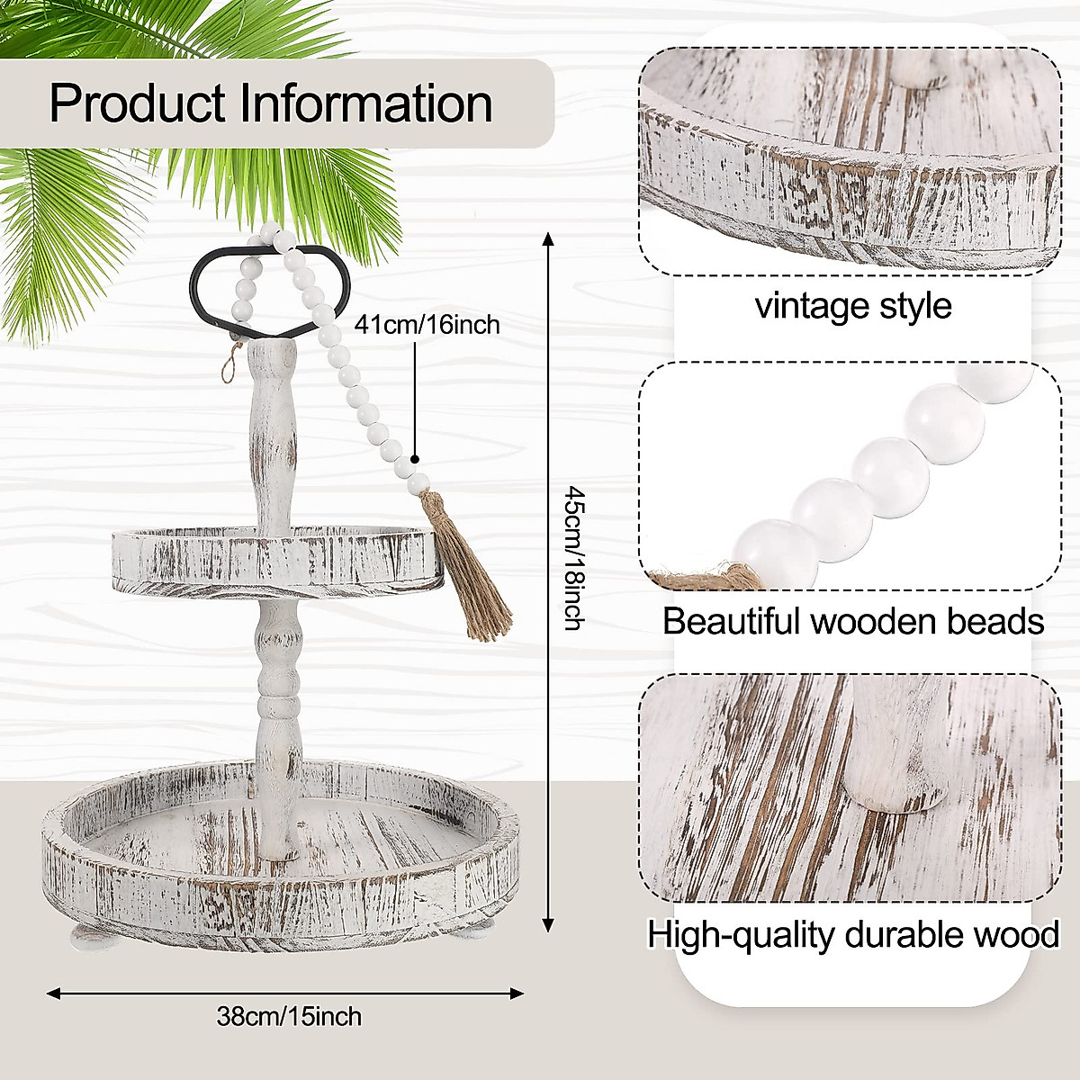 Tiered Tray Cupcake Stand 2 Tiered Tray Stand and Wood Beads Decorative Trays with Handle, Round Rustic Stand for Kitchen, Homeware Display Platters for Party (White)