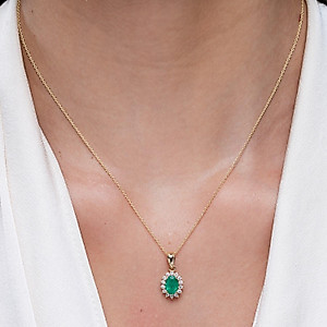 Angara Natural 1.1 Ct Emerald and 0.29 Ct Diamond Halo Pendant Necklace for Women in 14K Yellow Gold (Grade-A | Size-8x6mm) | May Birthstone, Birthday, Anniversary, Wedding Jewelry Gift For Women