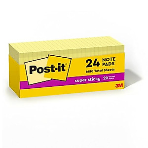 Post-it Super Sticky Notes, 24 Sticky Note Pads, 3 x 3 in., School Supplies, Office Products, Sticky Notes for Vertical Surfaces, Monitors, Walls and Windows, Canary Yellow