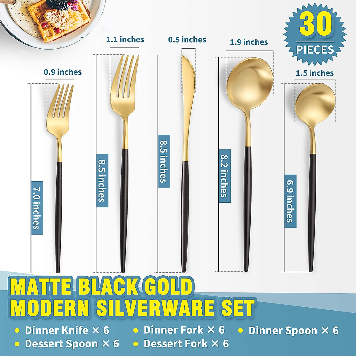 Lemeya Matte Black Gold Silverware Set,Modern Stainless Steel Flatware Set,30 Pieces Cutlery Set Service for 6,Tableware Utensil Set for Home and Restaurant, Satin Finish, Dishwasher Safe
