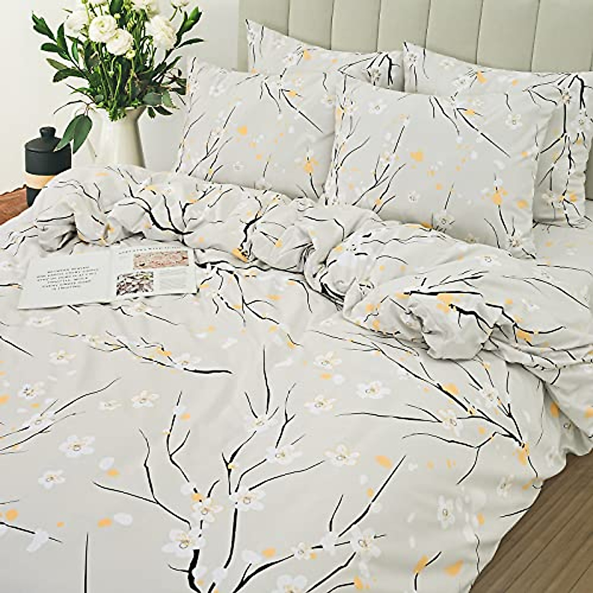 Lyacmy Plum Blossom Pattern Duvet Cover Set Queen Size(90x90in), 3 Pieces(1 Duvet Cover, 2 Pillow Shams), Light Grey Bedding Comforter Cover Sets, Soft Bedding Set with Zipper Closure