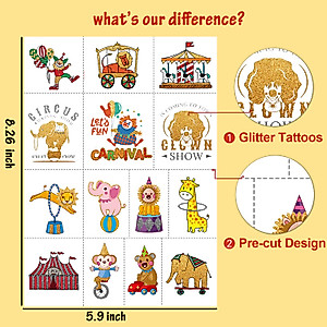 Partywind 32 Styles Circus Metallic Glitter Temporary Tattoos for Kids, Circus Theme Party Supplies Favors Decorations,Halloween Games Prize Goodie Bags (2 Sheets)