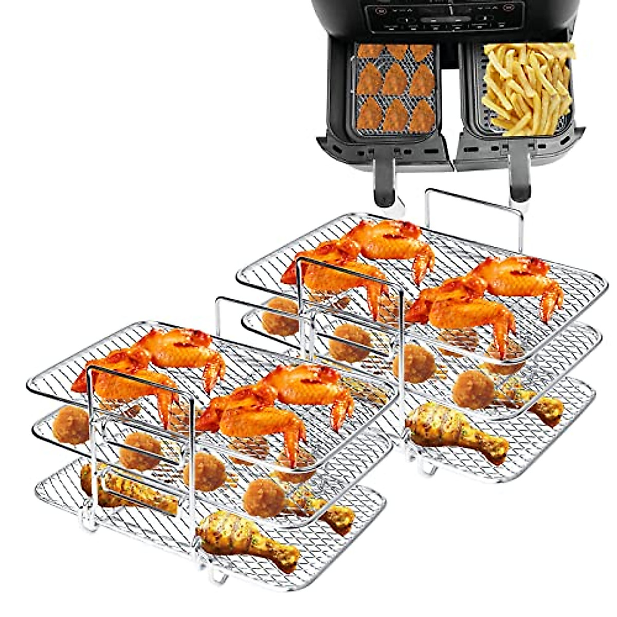 Air Fryer Rack Compatible with Ninja DZ201 DZ401 XL Air Fryer 2-Basket Electric Fryer (2Pack) , Multi-Layer Grill Rack, Grill Rack, Double Basket Air Fryers Rack, 304 Stainless Steel Toast Rack