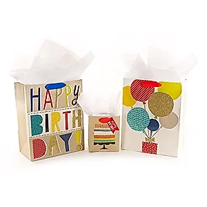 Hallmark Birthday Gift Bag Assortment (Pack of 3: 2 Large 13", 1 Small 6") White and Kraft, Balloons and Cake