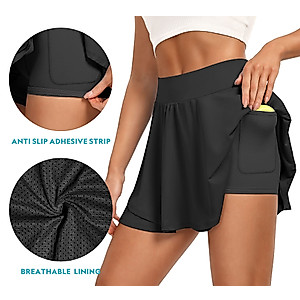 IUGA Tennis Skirt Pleated Skorts for Woman Double Ruffle Golf Skirts for Women Skort with Pockets Tummy Control Athletic Skirt Black