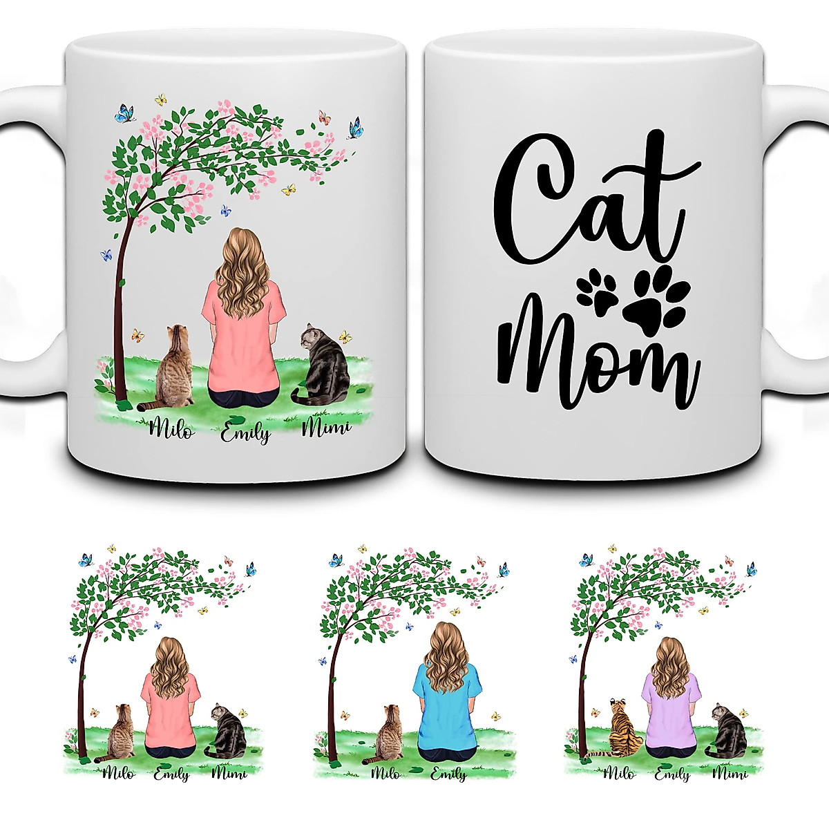 WHIDOBE Personalized Cat Mug (2 Cats) Custom 11oz, 15oz Coffee Mug for Cat Lover with Cat Owner's Avatar, Kitten, Names - Gifts for Women, Gift for Her, Customized Mug Gift for Cat Mom - Cat Mom