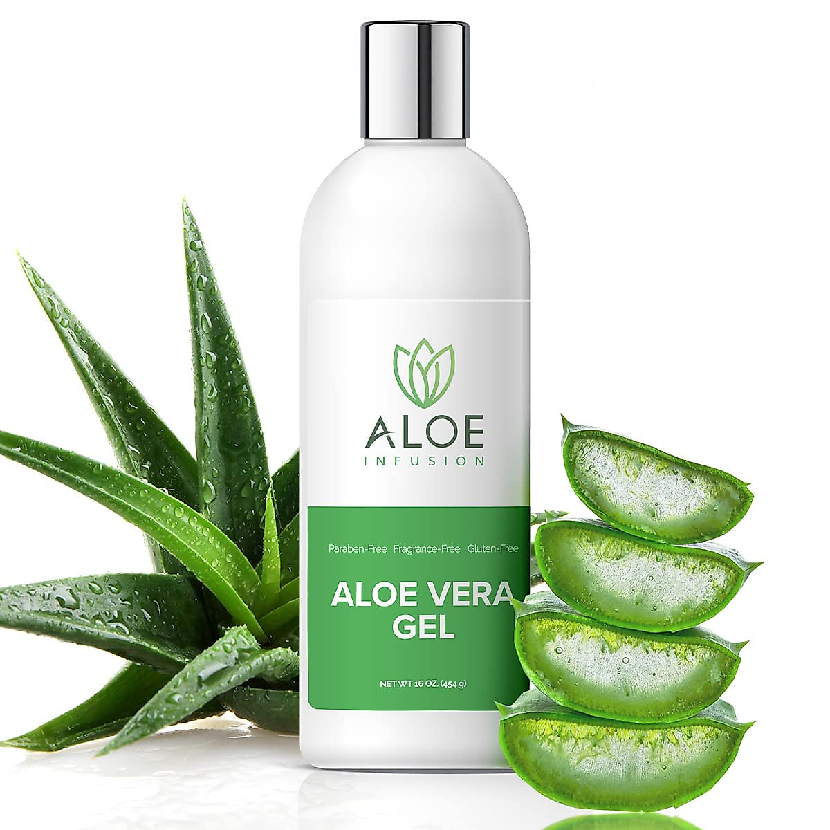 Aloe Infusion Organic Aloe Vera Gel - Deeply Hydrating, Skin Nourishing After Sun Skin Care for Face, Body and Hair - Sunburn, Redness and Itchy Skin Relief - USA-Tested - 16 Oz