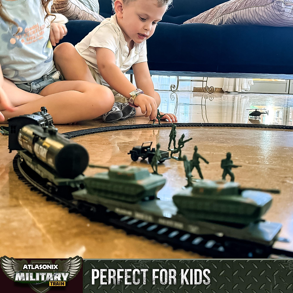 USA Electric Train Set for Kids Ages 3-8 - Military Toy Polar Train Model with Helicopter, Tank, Soldiers & Tracks for Boys - Fun Birthday Toy for Ages 4-7