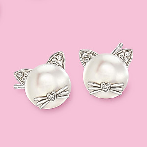 Ross-Simons 8-8.5mm Cultured Pearl Cat Earrings with Diamond Accents in Sterling Silver