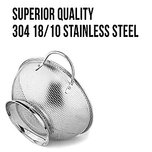 DLD Stainless Steel Micro-Perforated 5-Quart Colander - Professional Strainer with Heavy Duty Handles and Self-draining Solid Ring Base - Dishwasher Safe