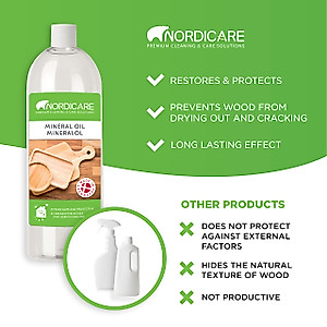 Nordicare Food Grade Mineral Oil - Tasteless and Odourless Cutting Board Oil - Suitable for Wood and Bamboo Countertops, Cutting Boards and Blocks, Stainless Steel, Stone (34oz)