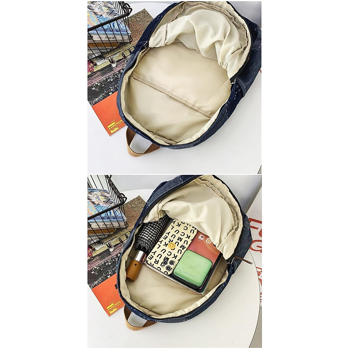 JHTPSLR Preppy Backpack Denim Patch Backpack Vintage Aesthetic Backpack Cowboy Backpack Cool Street Backpack Book Bags Supplies (Black)