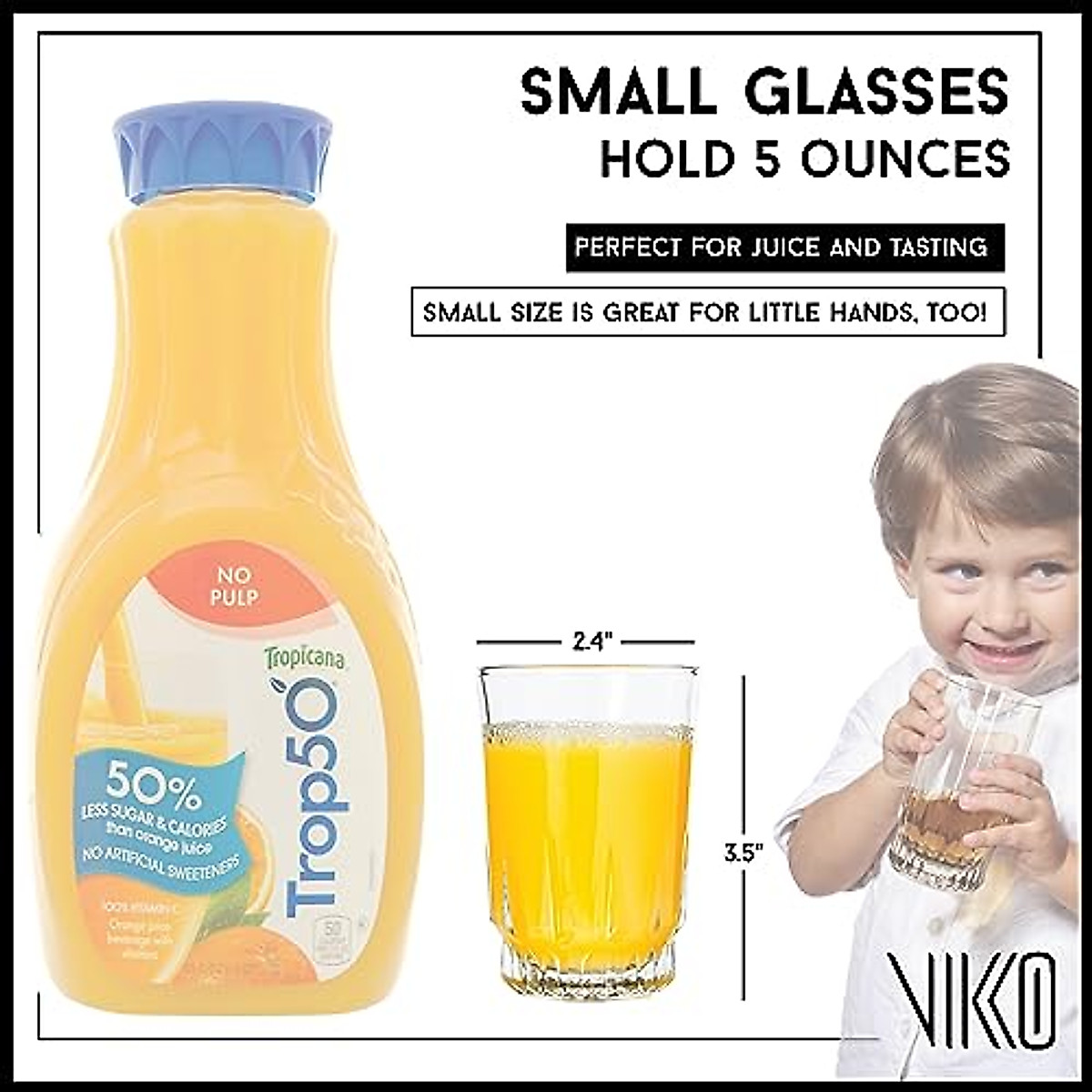 Vikko 5 Ounce Juice Glasses, Heavy Base SMALL Glassware for Drinking Orange Juice, Water, Perfect Cup for Children, Tasting, and Small Portions, Old Fashioned, Set of 6 Crystal Clear Glass Tumblers