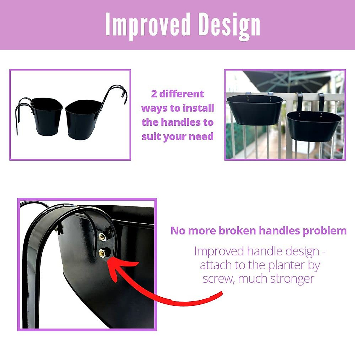 LaLaGreen Railings Outdoor - 2 Pack, 9.8 Inch Black Hanging Flower Pots, Fence Railings Bucket Countryside Modern Plant Holder with Detachable Hook Outdoor Wall Balcony Garden Patio Deck Porch Décor