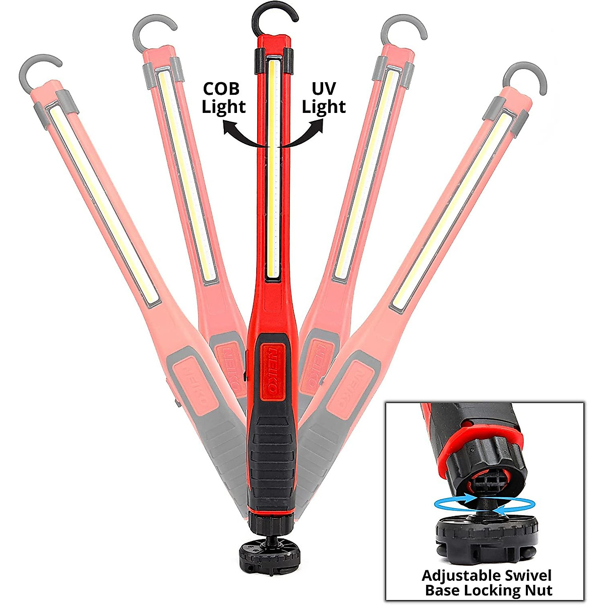 NEIKO 40344A Swivel Work Light | 2 in 1 Rechargeable Flash Light, 7W Adjustable COB LED and UV Blacklight, 4 Pack, 360 Degree Magnetic Flashlight w/Hooks, 150-650 Lumens, Mechanics Shop Light