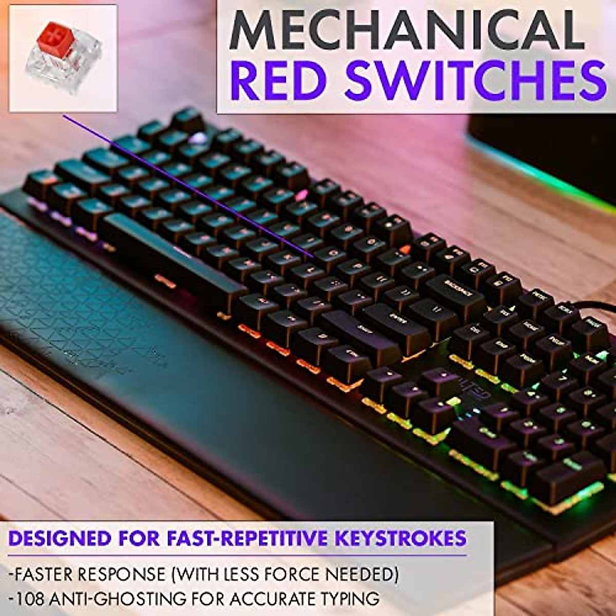 Tilted Nation RGB Keyboard, Gaming Mechanical Keyboard with Volume Control Knob and Magnetic Removable Wrist Rest - Perfect Gamer Keyboard with Quick Response Red Switches