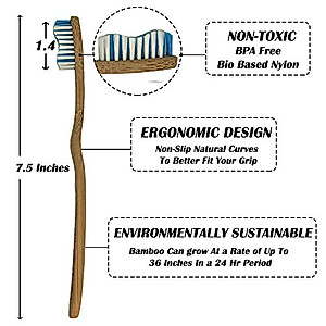 Terra Futura Bamboo Toothbrush 4 Pack, Ergonomic Toothbrush. Eco Friendly, Biodegradable & Environmentally Sustainable, BPA Free Bristles, Eco Compostable Toothbrush
