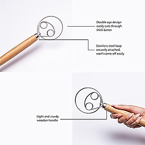 Sofease The Original Danish Dough Whisk - 304 Stainless Steel Ring Nonstick Dutch Whisk for Dough - Long Wooden Danish Dough Whisker Bread Mixer Handle Bundle with Flexible Plastic Scraper Cutter