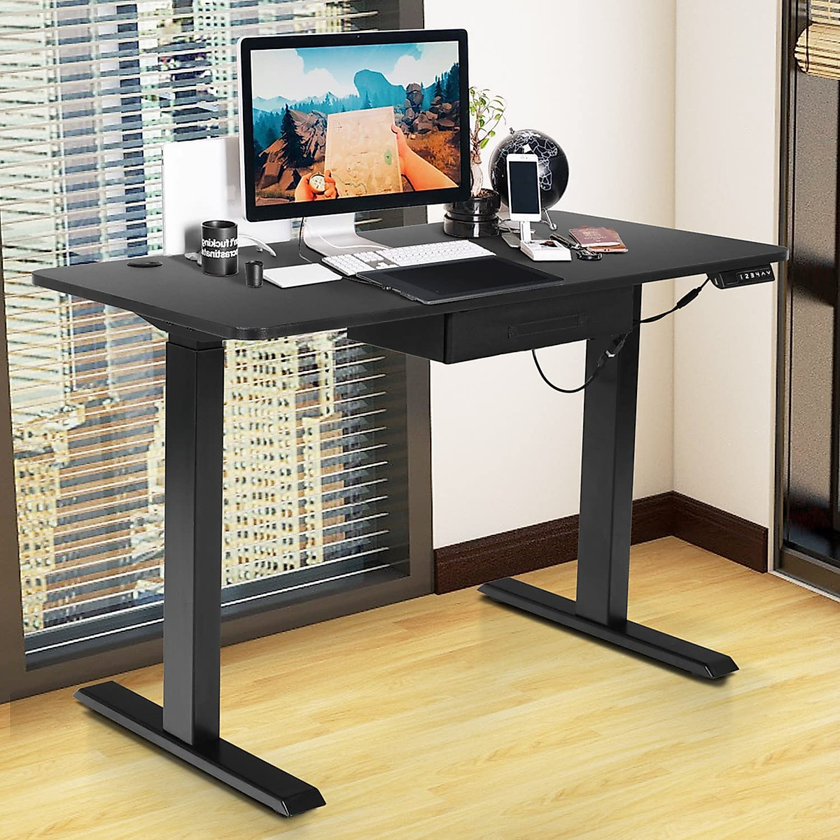 ENSTVER Electric Height Adjustable Standing Desk, 47 x 24 Inch Sit Stand Home Office Desk, Lift Workstation with Drawer, Stand up Table(Black Steel Frame/Black Top)