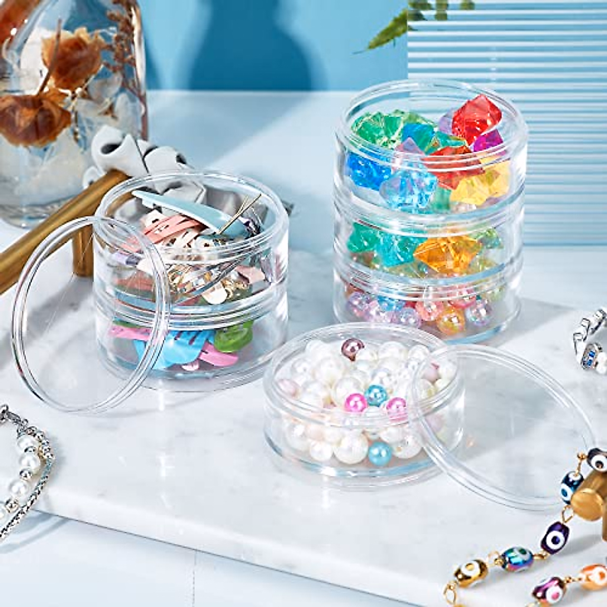 PH PandaHall 2 Sets 5 Layer Cylinder Stackable Bead Containers 15ml Plastic Round Clear Storage Organizer Box with Screw Lid for Make Up, Eye Shadow, Nails, Powder, Gems, Beads, Jewelry, Small Items
