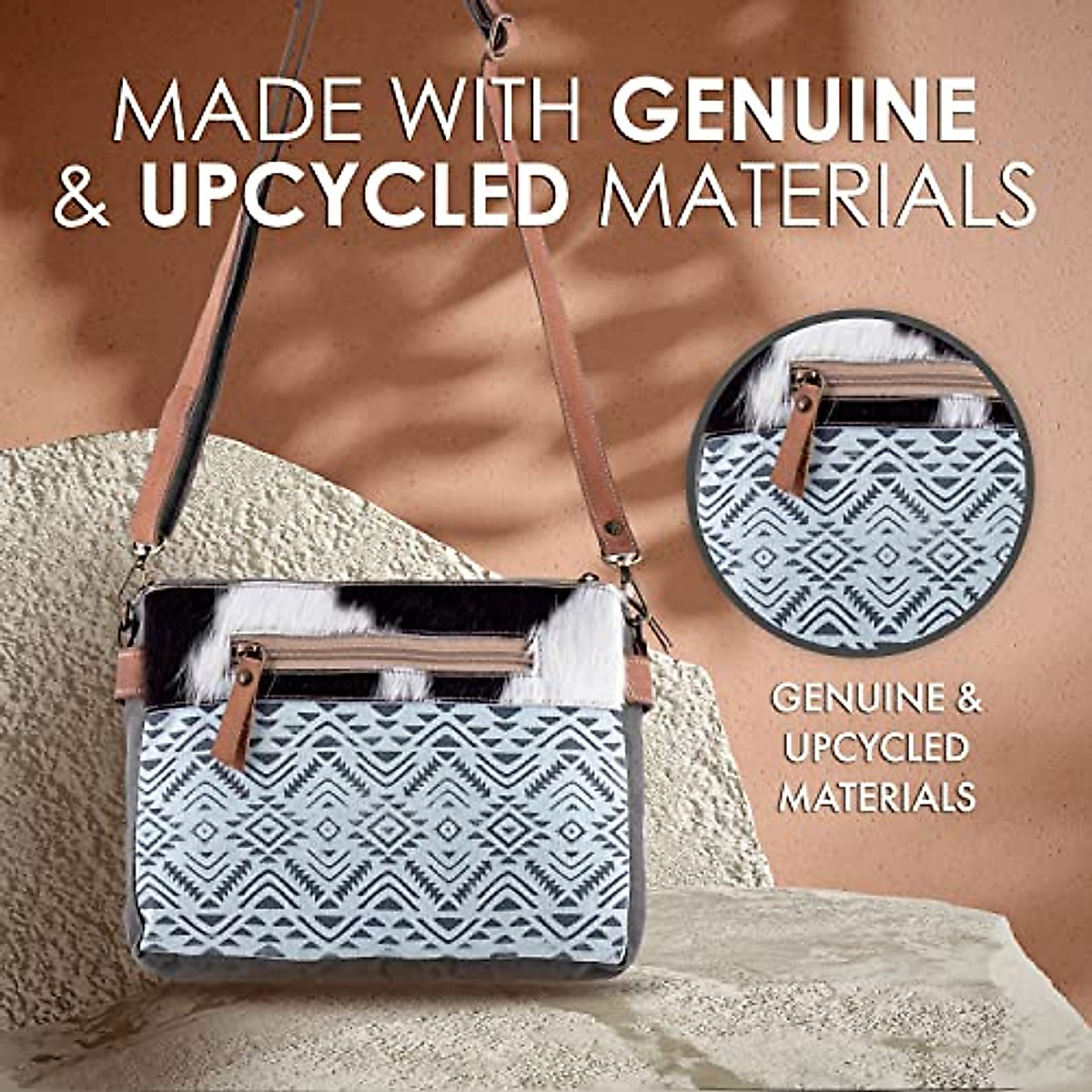 SIXTEASE Crossbody Bag for Women Vintage Style Genuine Leather, Upcycled Canvas, Rug, or Hair On - Cross Body Womens Bags with Inside Zipper Pockets - Fusion Beloved