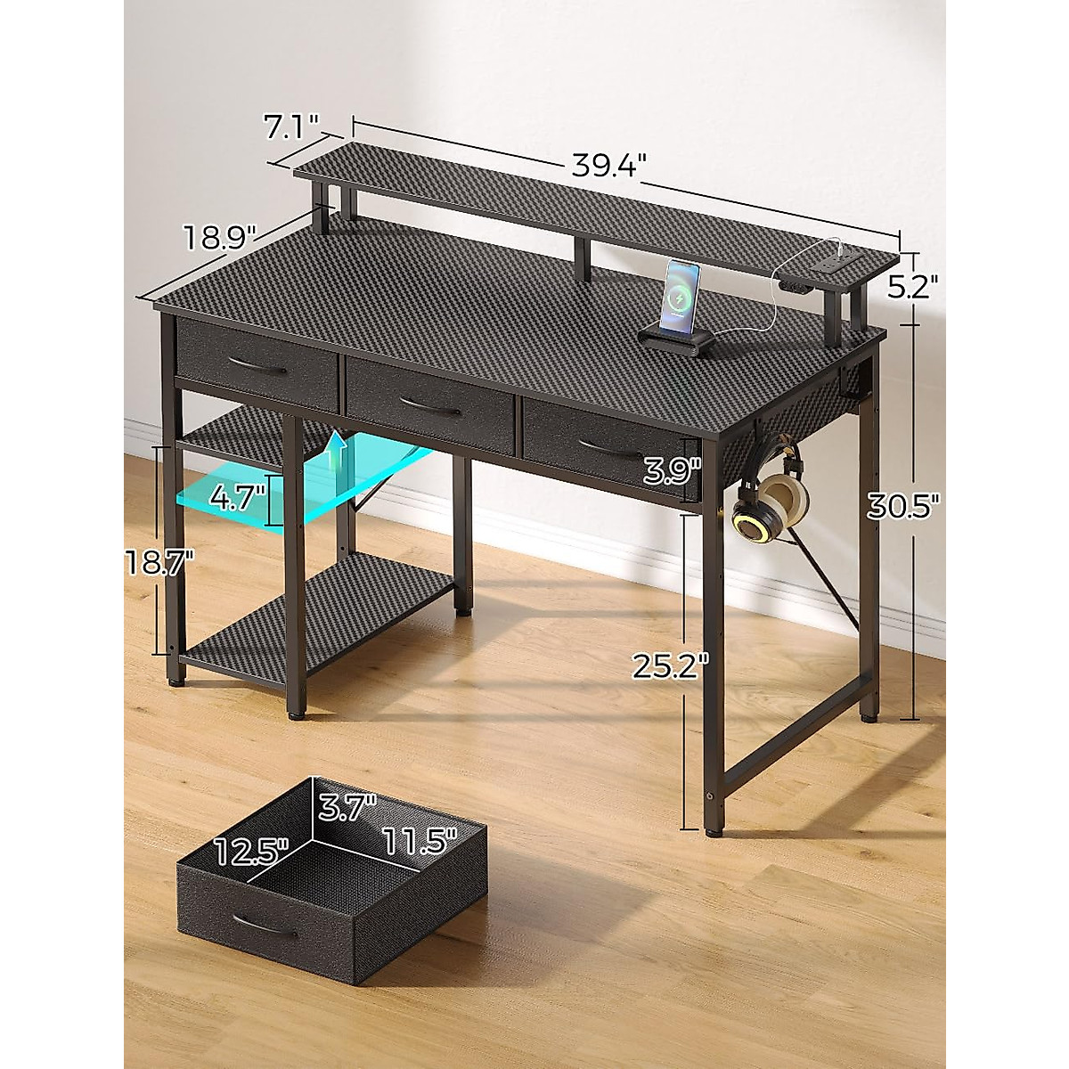Rolanstar Computer Desk with Power Outlets & LED Light, 39 inch Home Office Desk with 3 Drawers and Storage Shelves, Writing Desk with Monitor Stand, Modern Work Desk for Home Office, Carbon Black