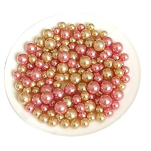 Cymtoo 140 Pieces Floating Pearls for Vase Filler Gold Pink Pearl Beads No Hole Pearls Vase Pearls Makeup Beads for Brushes Holder, Home Wedding Decor 10/14mm（Gold and Pink）