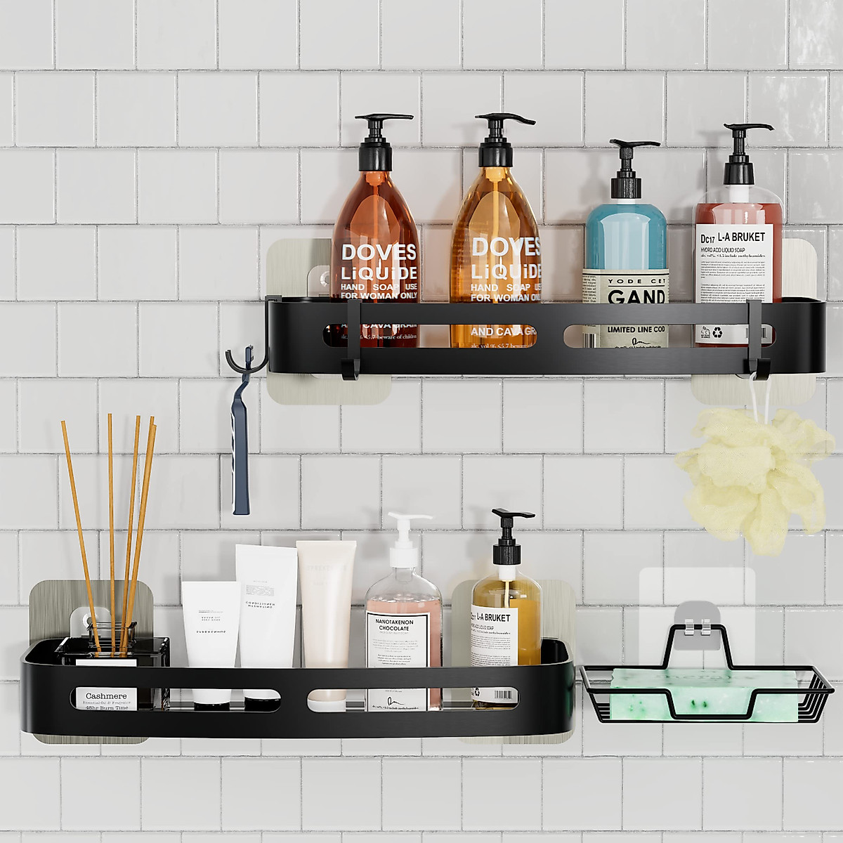 Fuprobys Shower Caddy 3 Pack - Large Shower Organizers & Soap Holder, Durable & Rustproof Shower Shelf, Wall Mounted Bathroom Shower Shelves, No Drilling Adhesive Shower Caddy with 4 Hooks, Black