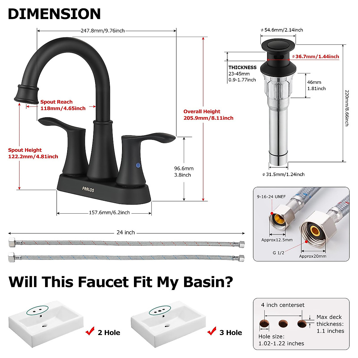 PARLOS 2-Handle Bathroom Sink Faucet High Arc Swivel Spout with Metal Drain Assembly and Faucet Supply Lines, Matte Black, Demeter 14134