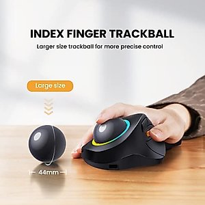 ProtoArc Wireless Bluetooth Trackball Mouse, EM03 Ergonomic RGB Rollerball Mouse Rechargeable Computer Laptop Mouse, 3 Device Connection&Index Finger Control for iPad, Mac, Windows-Black