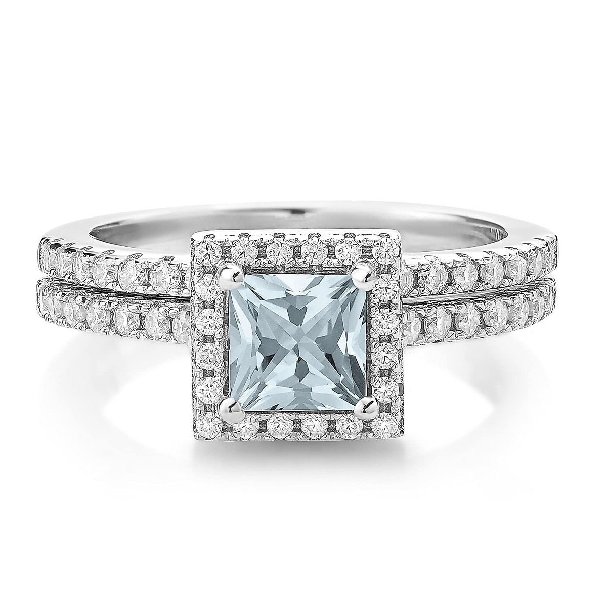 Gem Stone King 925 Sterling Silver Princess Sky Blue Aquamarine and White Moissanite Wedding Engagement Band Bridal Set Ring For Women (1.06 Cttw, Available In Size 5, 6, 7, 8, 9)