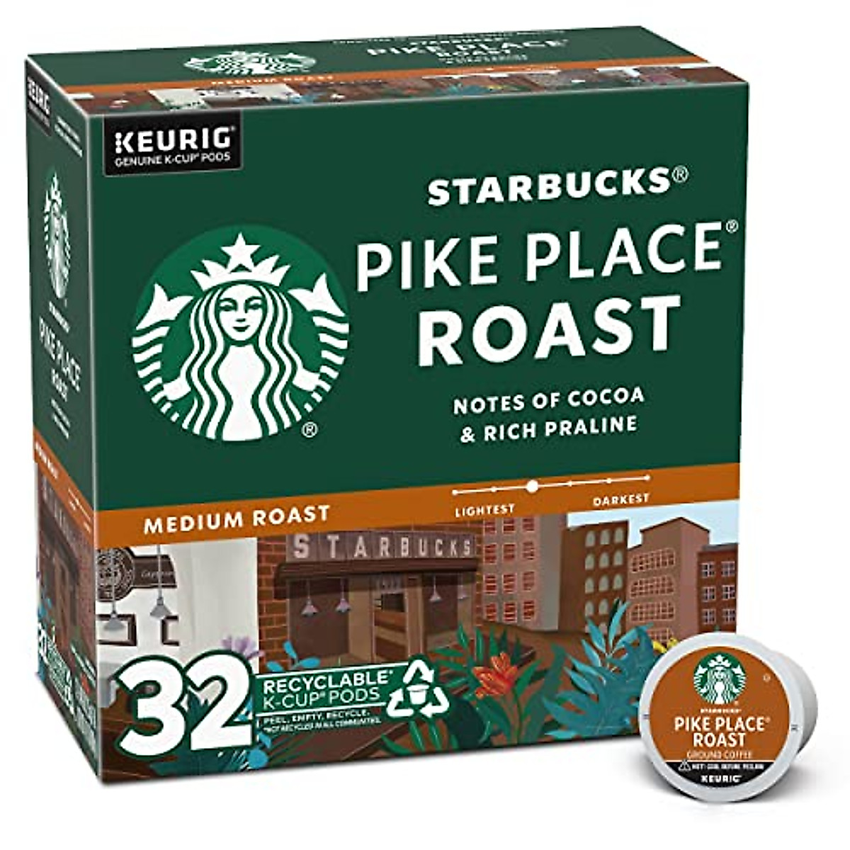 Starbucks Medium Roast K-Cup Coffee Pods — Pike Place for Keurig Brewers — 1 box (32 pods)