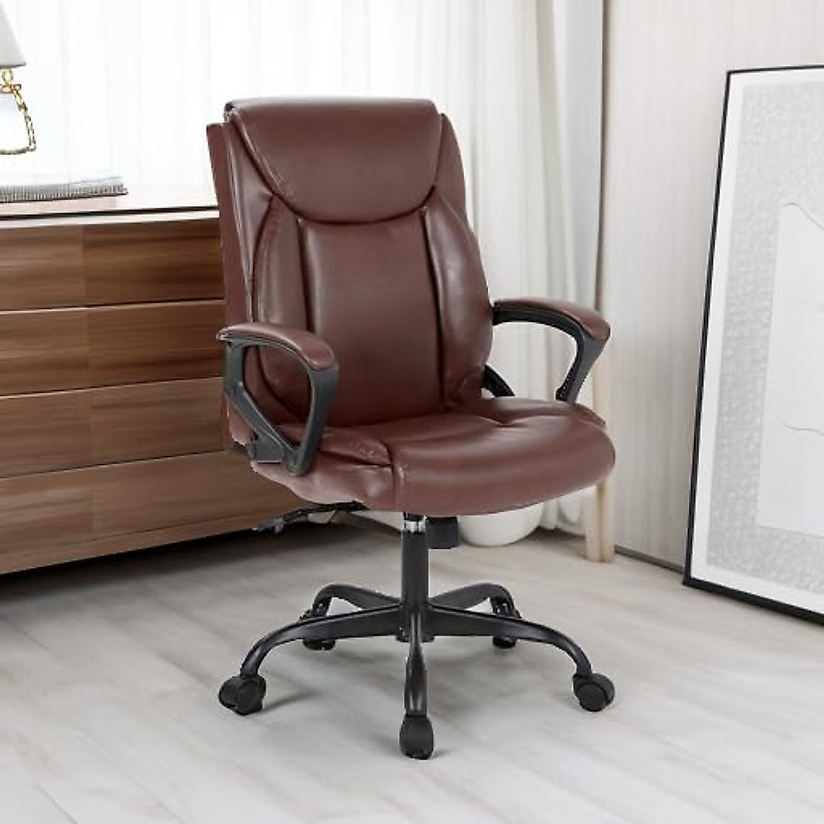Home Office Chair Ergonomic Desk Chair PU Leather Task Chair Executive Rolling Swivel Mid Back Computer Chair with Lumbar Support Armrest Adjustable Chair for Men Brown