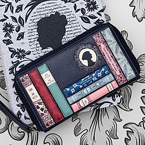 Yoshi Jane Austen Bookworm Ladies Purse, Genuine Leather Womens Wallet, Zip Round with Wrist Strap, Navy, One Size