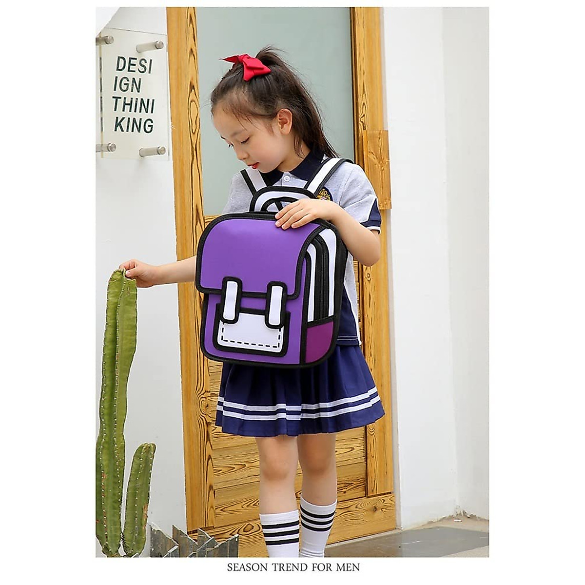 Kawaii Backpack Sketch Cute Cartoon 3D Jump Style 2D Drawing from Comic Paper Anime Bookbag School Supplies Fun Daypack (Purple)