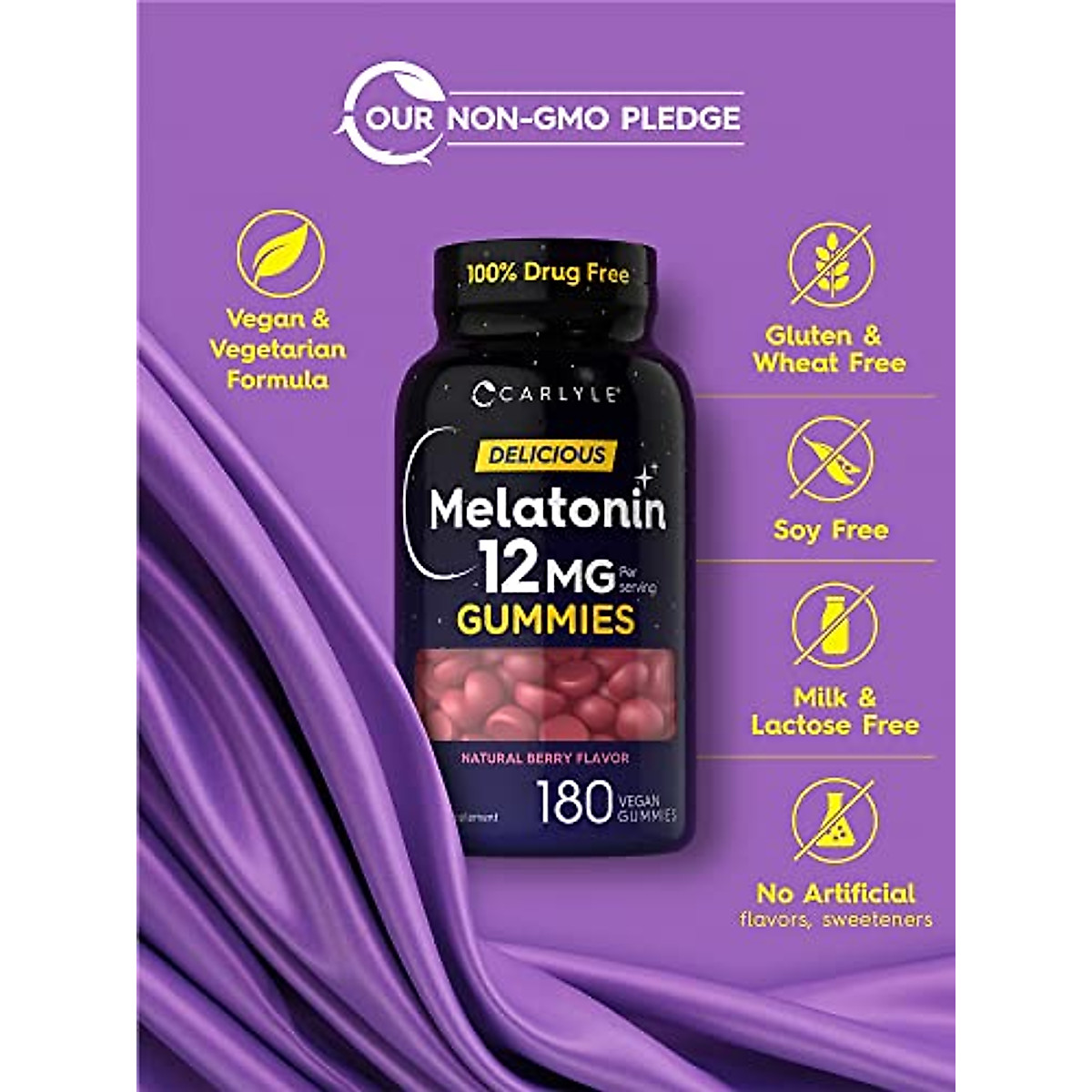 Carlyle Melatonin Gummies 12mg | 180 Count | Drug Free | Natural Berry Flavor | Vegan, Non-GMO, Gluten Free