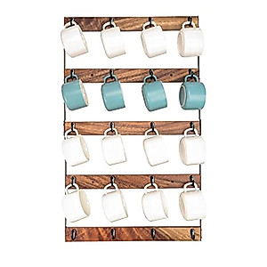 Aomomery Coffee Mug Rack,Rustic Coffee Mug Holder Wall Mount,Walnut Coffee Cup Holder with 20 Mug Organizer Hooks,Large 5-Tier Mug Display for Kitchen