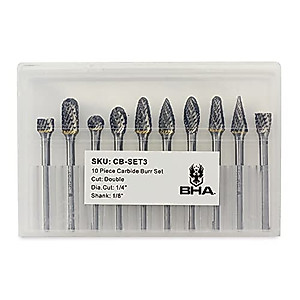 BHA Tungsten Carbide Burr Die Grinder Rotary Tool Bit Set for Metal Engraving and Precision Work, Double Cut with 1/8” Shank - 10 Pieces