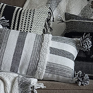 Foreside Home & Garden Black Striped Woven 14x22 Outdoor Decorative Throw Pillow with Hand Tied Tassels, 22 x 14 x 5