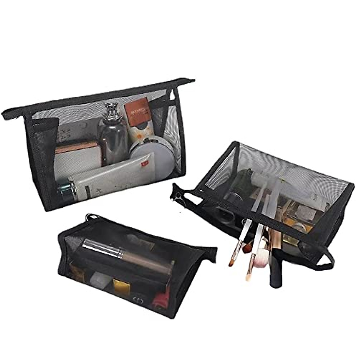 ZITEZHGO 3 Sets Clear Mesh Cosmetic Bag Small Makeup Bag Travel Makeup Organizer Black Makeup Pouch Toiletry Bag Purse (Black)