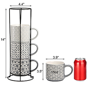 Hiceeden Set of 4 Coffee Mugs with Metal Stand, 15 oz Stackable Espresso Cups Ceramic Coffee Mugs for Cocoa, Latte, Americano, Cappuccinos or Beverages