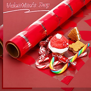 Valentine's Day Cellophane Wrap Set include 2 Pack 100 Ft Long x 16 In Wide Cellophane Wrap Roll with 40 Pull Bows, Heart Pattern Gift Baskets Arts Crafts Valentine's Day Party Supplies