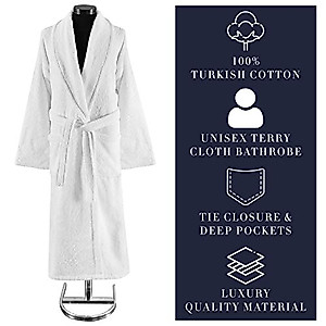 Classic Turkish Towels - Luxury Terry Cloth Robe for Men and Women, 100% Turkish Cotton, Soft and Plush, Long Unisex Bathrobe (White, Small-Medium)