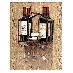 Stylish Simplicity Wine Rack Wall-Mounted Wine Rack and Glass Holder,Vintage Pine Wood and Wrought Iron Combination, Home and Kitchen Bar Decoration Accessories, Multi-Style Color Size Optional , PIB
