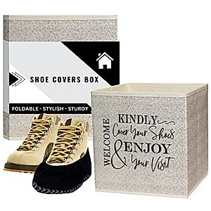 Shoe Covers Box - Welcomes Guests to Please Cover Shoes. Indoor Foldable Storage Bin to Fill w/your Favorite Booties. For Homeowner, Real Estate Agent, Realtor Open House Supplies | 1 Beige & Black