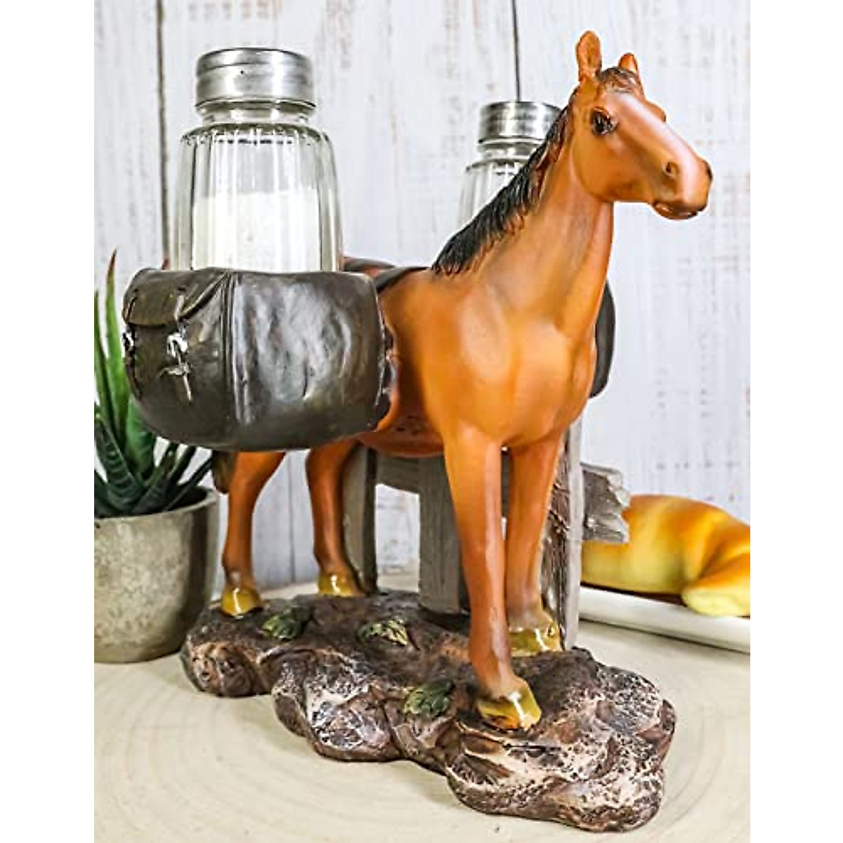 Set Of 1 Brown Stallion Horse With Saddlebags Salt Pepper Shakers Holder Figurine