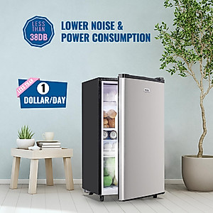 WANAI 3.2 Cu.Ft Mini Fridge with Freezer, Single Door Small Compact Refrigerator with 5 Adjustable Thermostat, LED Light, 3 Removable Shelves for Office, Dorm, Bedroom, Apartment, Kitchen Silver