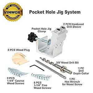 VINWOX 31 PCS Pocket Hole Jig Adjustable Woodworking Tools with Step Drill Bit and Robertson Screws & Bit, bezels for a Portable Unit or Mount to Bench