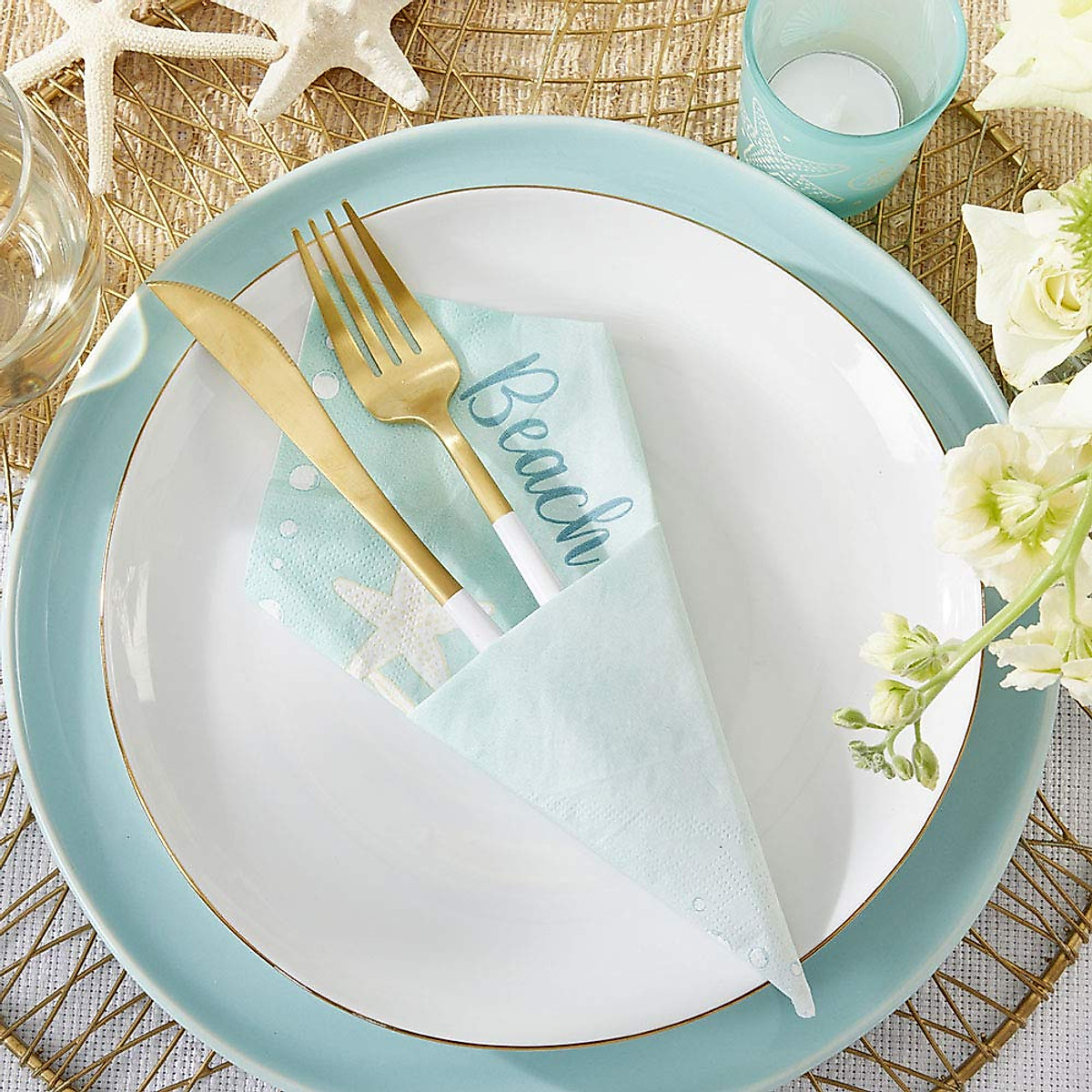 Kate Aspen Beach Themed Wedding Napkins, Thick Decorative Dinner Napkins, Luncheon Serveware, Perfect for Wedding Reception Or Bridal Shower, Turquoise, 1 Count (Pack of 30)