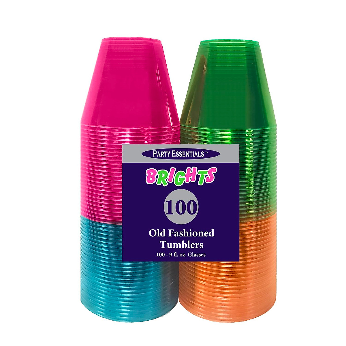 Party Essentials Plastic Cups, 100-Count, Assorted Neon